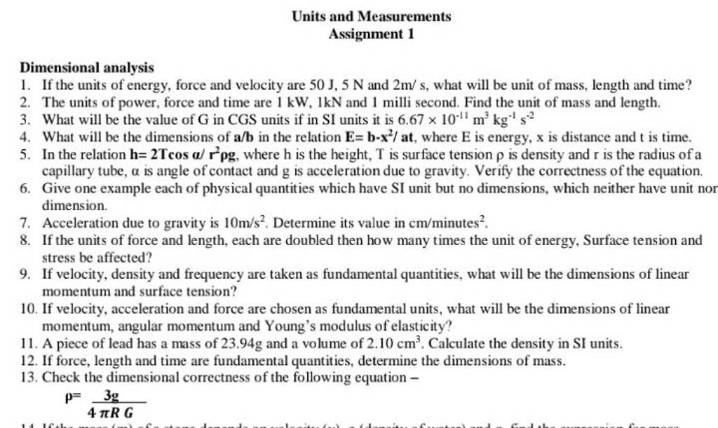 Units and Measurements Assignment 1 Dimensional analysis | Filo
