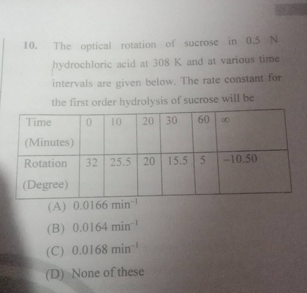 The optical rotation of sucrose in 0.5 N hydrochloric acid at 308 K and a..