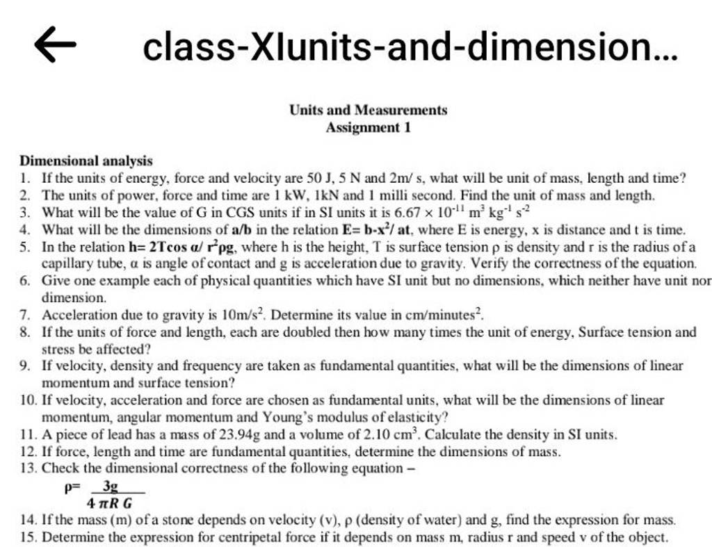class-xlunits-and-dimension... Units and Measurements Assignment 1 Dimens..