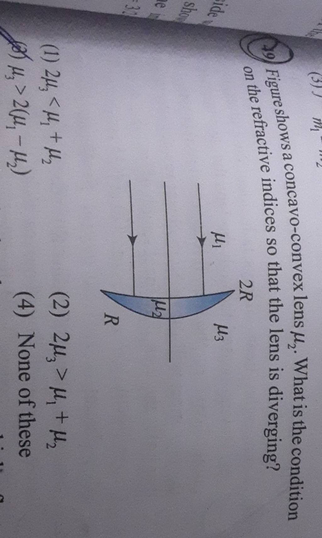 49) Figure shows a concavo-convex lens μ2 . What is the condition on the