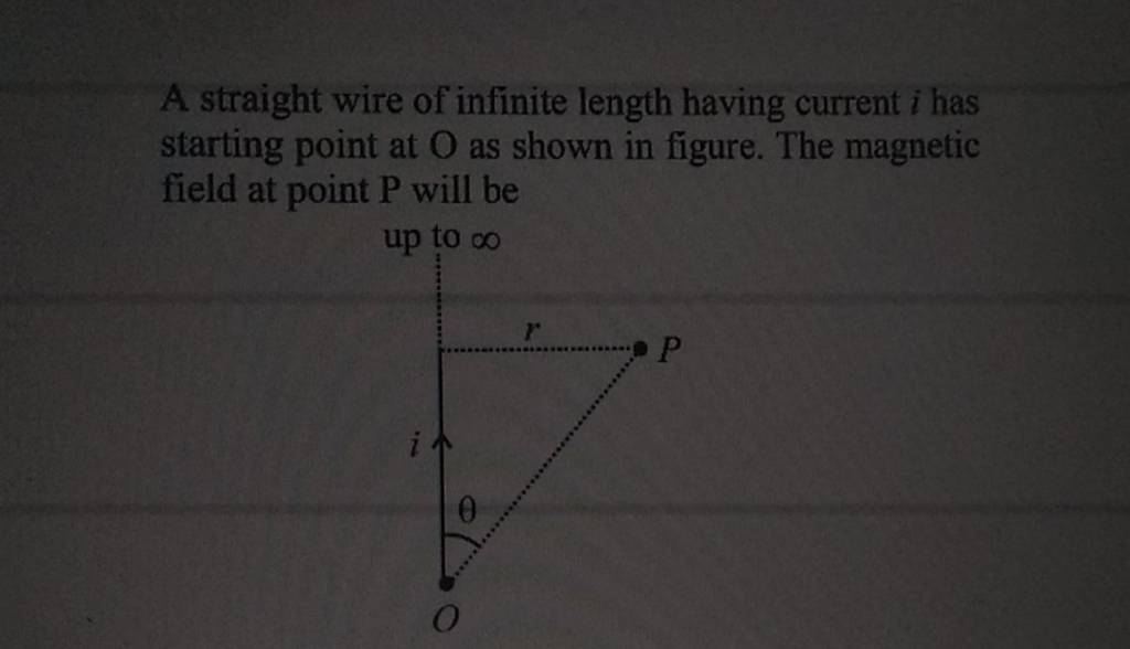 A straight wire of infinite length having current i has starting point at..