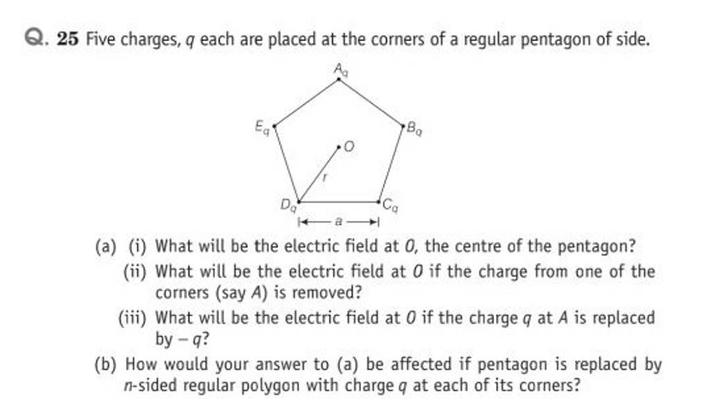 Q. 25 Five charges, q each are placed at the corners of a regular pentago..