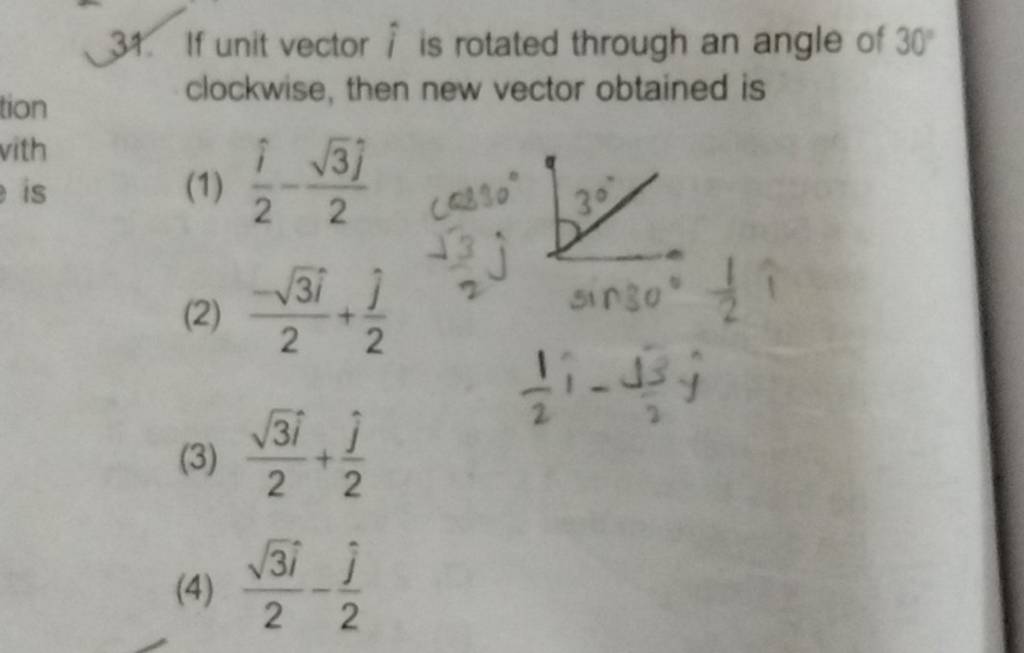 31. If unit vector i is rotated through an angle of 30∘ clockwise, then n..
