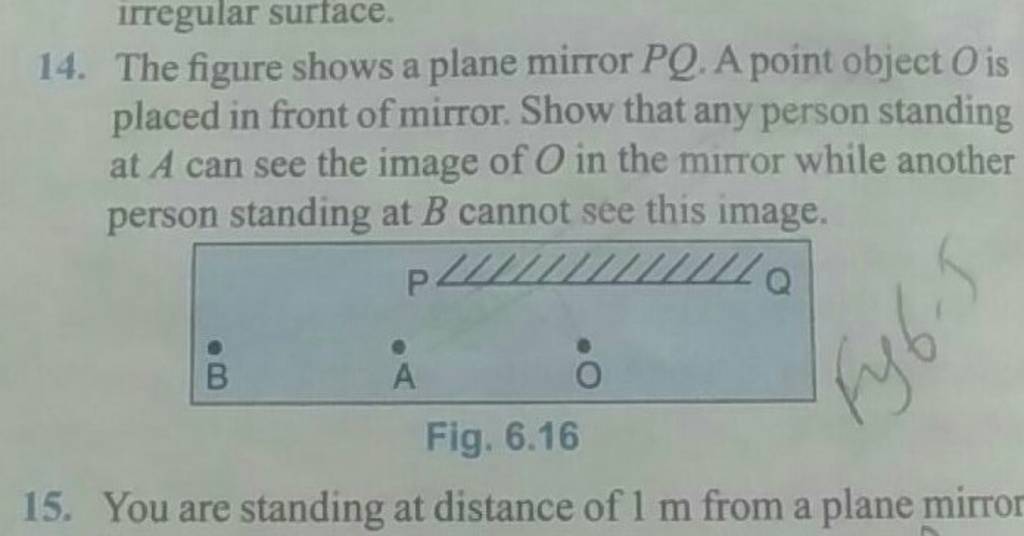 14. The figure shows a plane mirror PQ. A point object O is placed in fro..