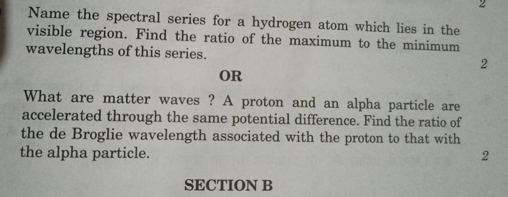 Name the spectral series for a hydrogen atom which lies in the visible re..