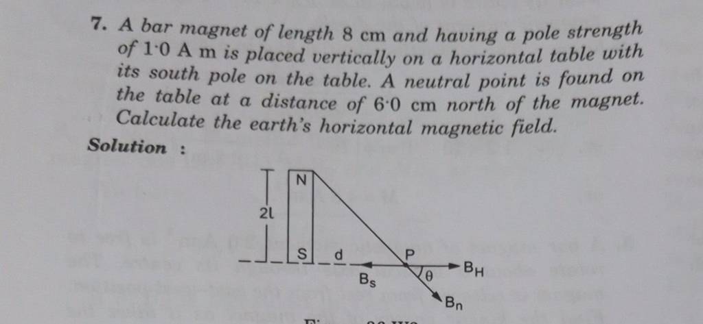 7. A bar magnet of length 8 cm and having a pole strength of 1.0 A m is p..