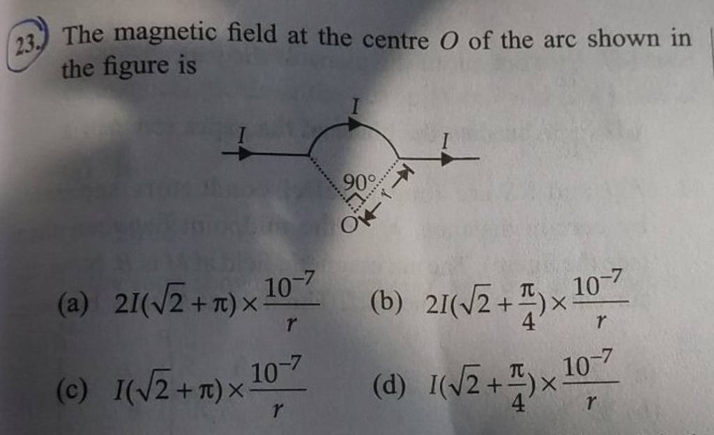 The magnetic field at the centre O of the arc shown in the figure is..