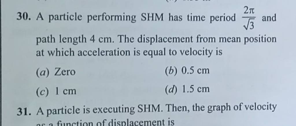 A particle performing SHM has time period 3 2π and path length 4 cm. The..