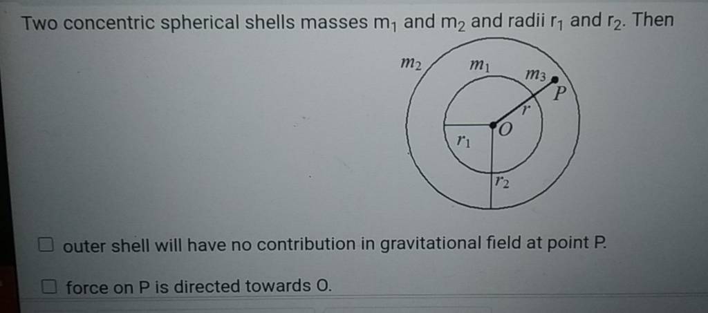Two concentric spherical shells masses m1 and m2 and radii r1 and r2 ...