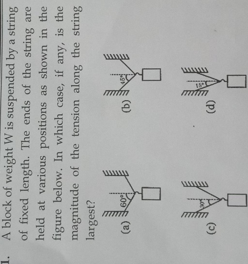 1. A block of weight W is suspended by a string of fixed length. The ends..