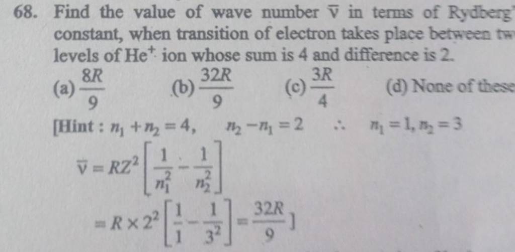 Find the value of wave number vˉ in terms of Rydberg constant, when trans..