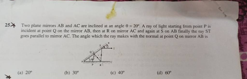 25 T Two plane mirrors AB and AC are inclined at an angle θ=20∘. A ray of..