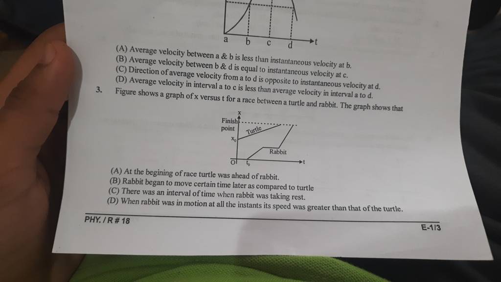 Figure shows a graph of x versus t for a race between a turtle and rabbit..