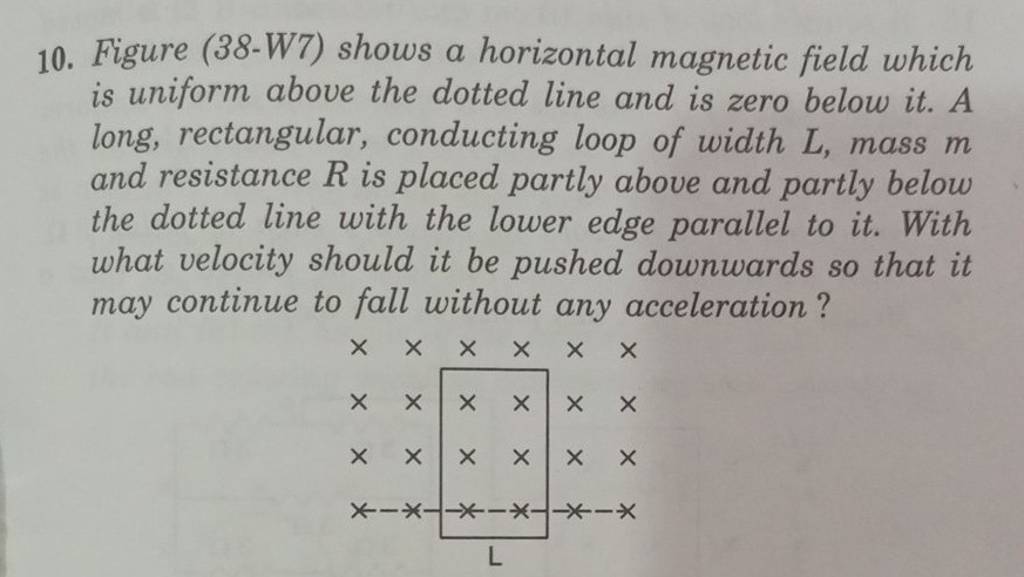 10. Figure (38-W7) shows a horizontal magnetic field which is uniform abo..