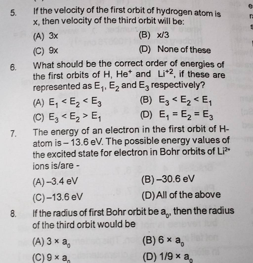 If The Velocity Of The First Orbit Of Hydrogen Atom Is X Then Velocity O