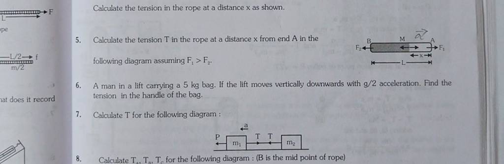 Calculate the tension in the rope at a distance x as shown. | Filo