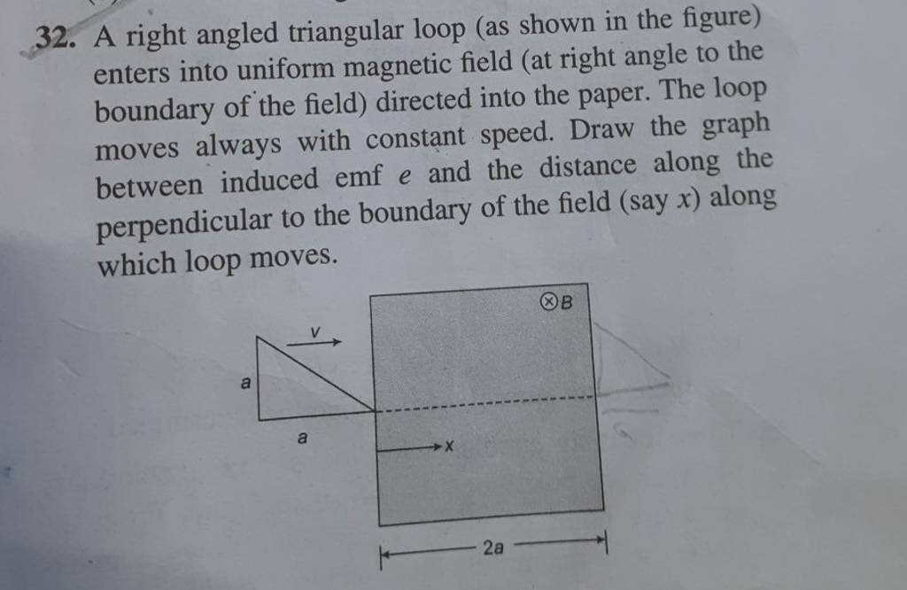 32. A right angled triangular loop (as shown in the figure) enters into u..