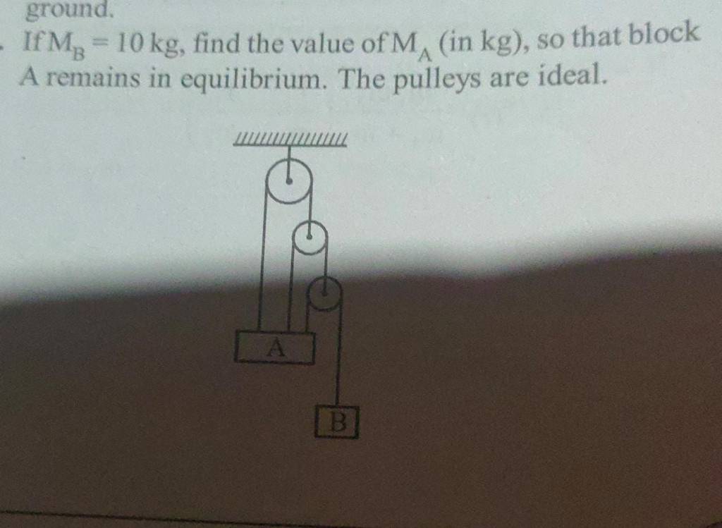 ground. If MB =10 kg, find the value of MA ( in kg), so that block A rema..