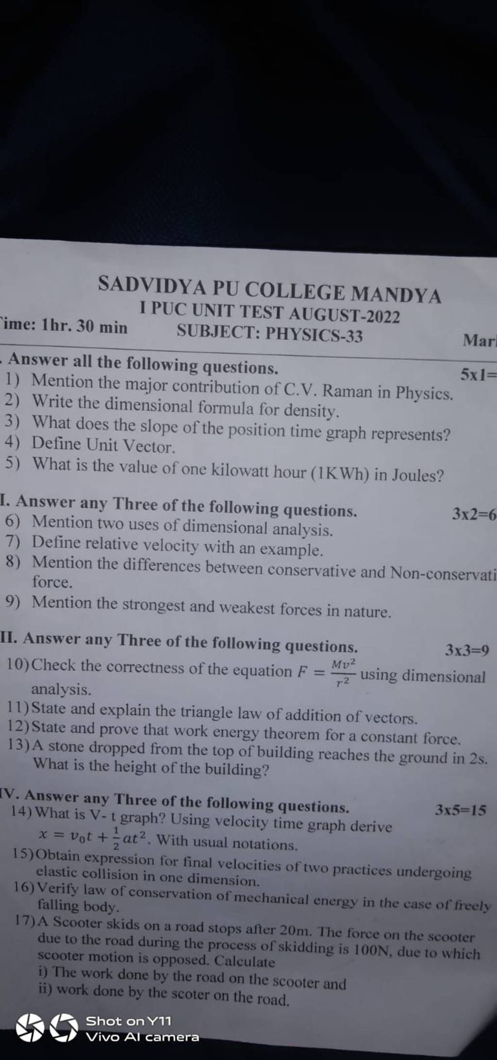 SADVIDYA PU COLLEGE MANDYA I PUC UNIT TEST AUGUST-2022 ime: 1hr.30 min SU..