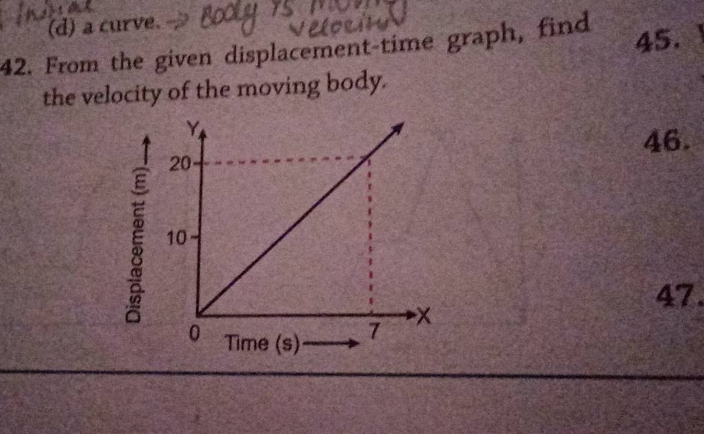 42. From the given displacement-time graph, find the velocity of the movi..