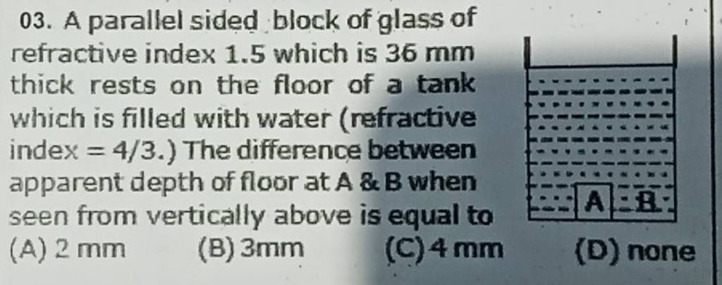 A parallel sided block of glass of refractive index 1.5 which is 36 mm th..