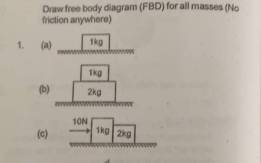 Draw free body diagram (FBD) for all masses (No friction anywhere) 1. (a)..