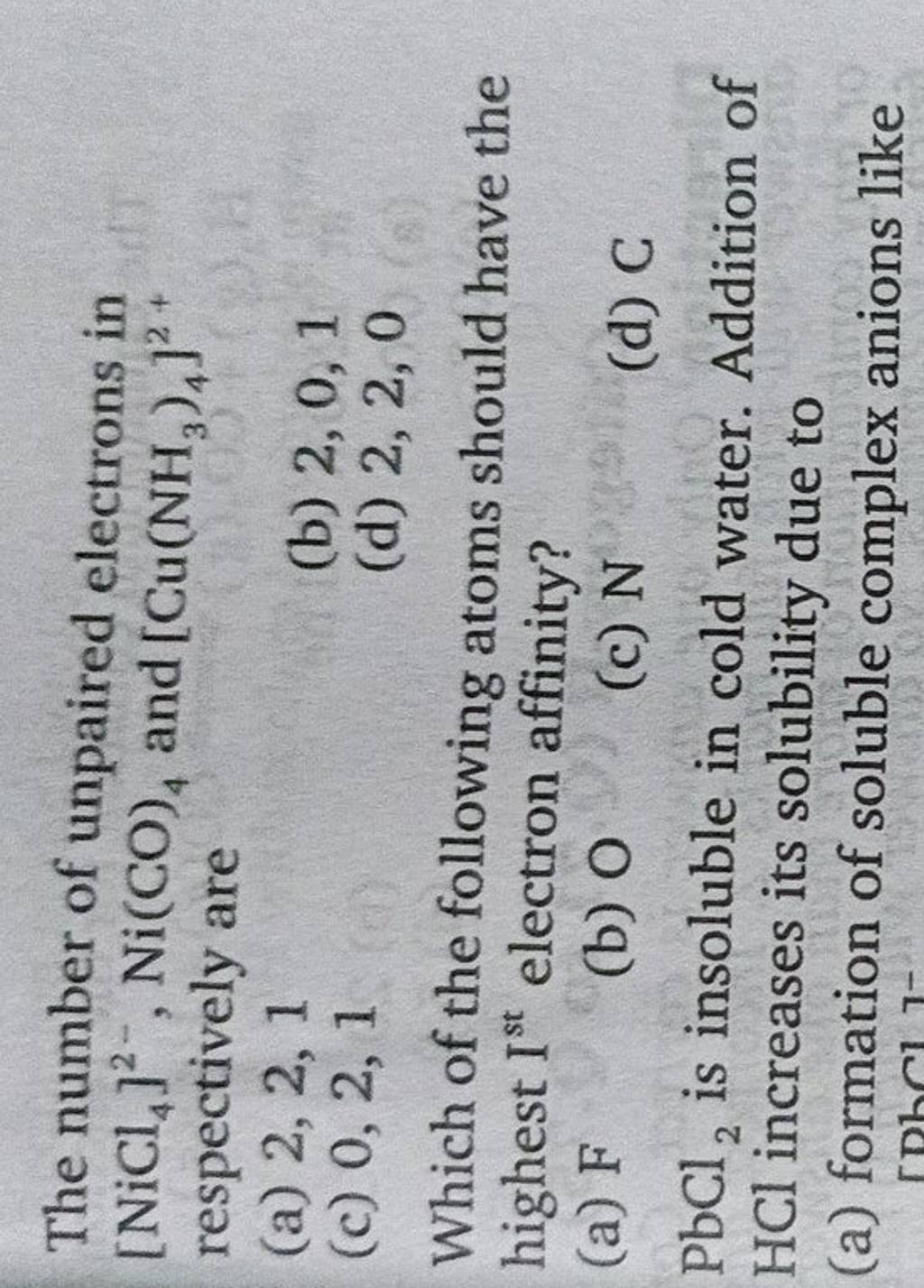 The number of unpaired electrons in [NiCl4 ]2−,Ni(CO)4 and [Cu(NH3 )4 ]2..