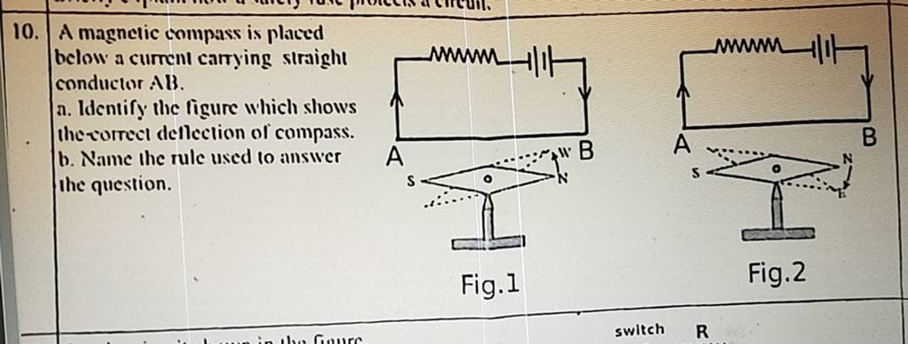 10. A magnetic compass is placed below a current carrying straight conduc..