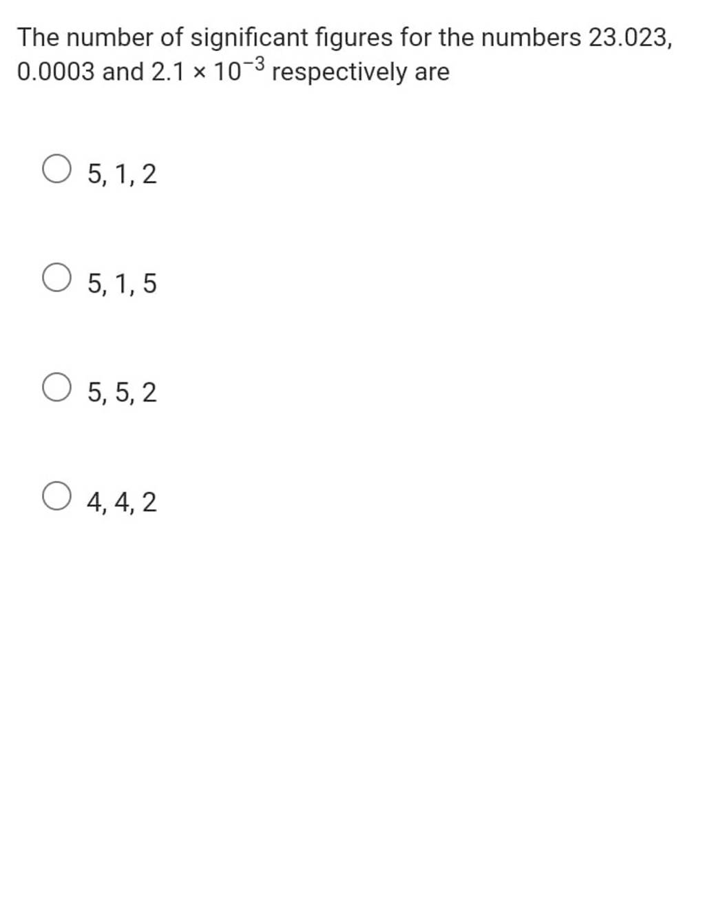 The number of significant figures for the numbers 23.023, 0.0003 and 2.1×..