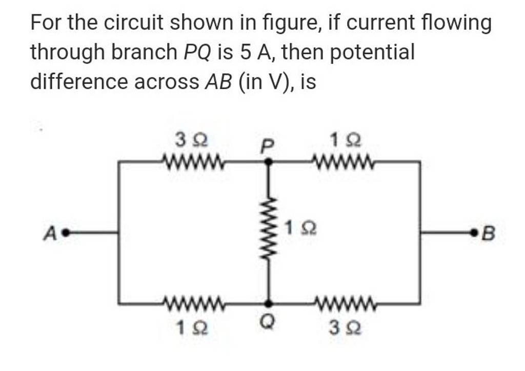 For the circuit shown in figure, if current flowing through branch PQ is