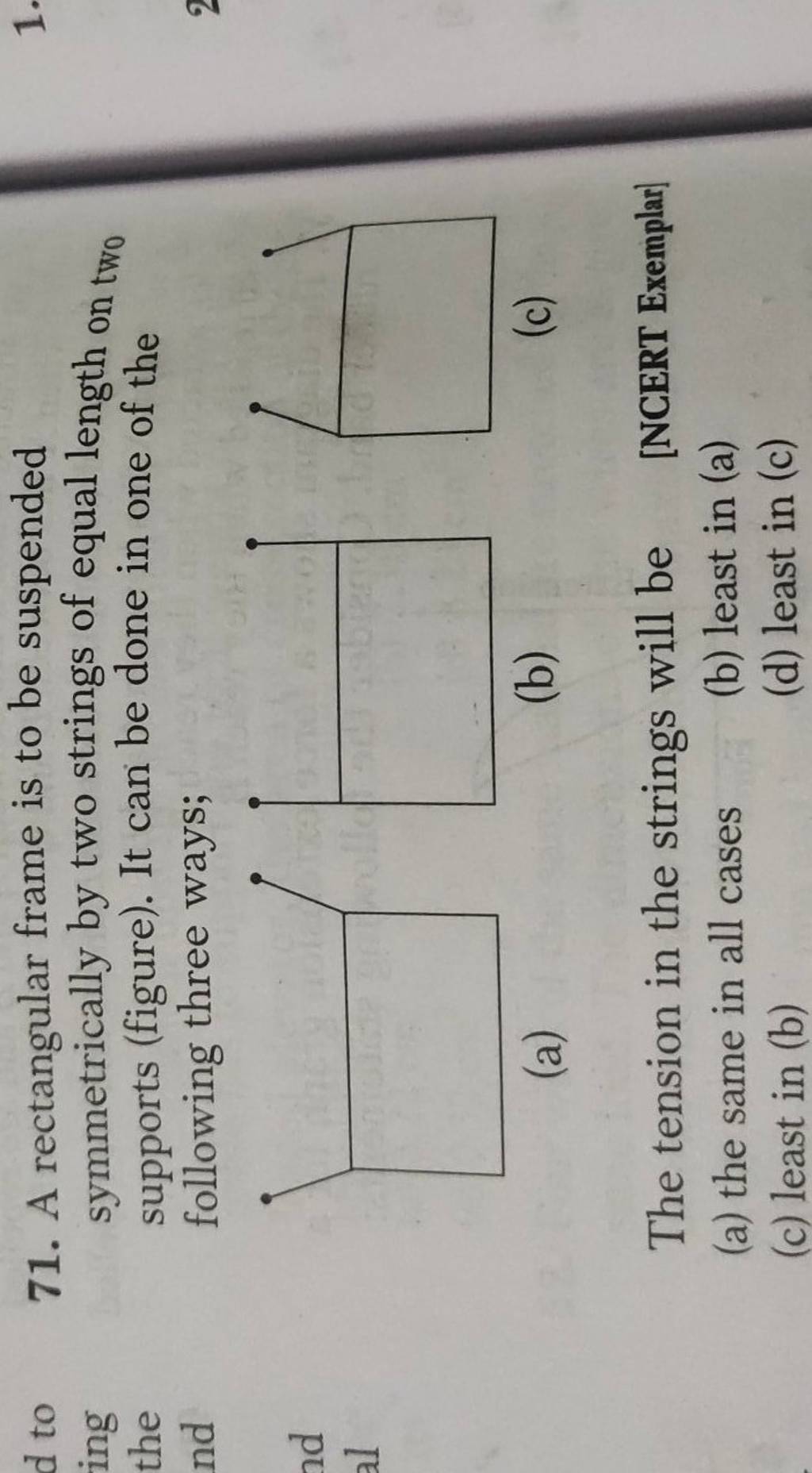 A rectangular frame is to be suspended symmetrically by two strings of eq..