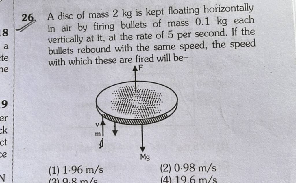26. A disc of mass 2 kg is kept floating horizontally in air by firing bu..