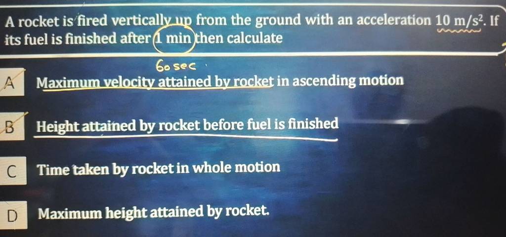 A rocket is fired vertically up from the ground with an acceleration 10 m..