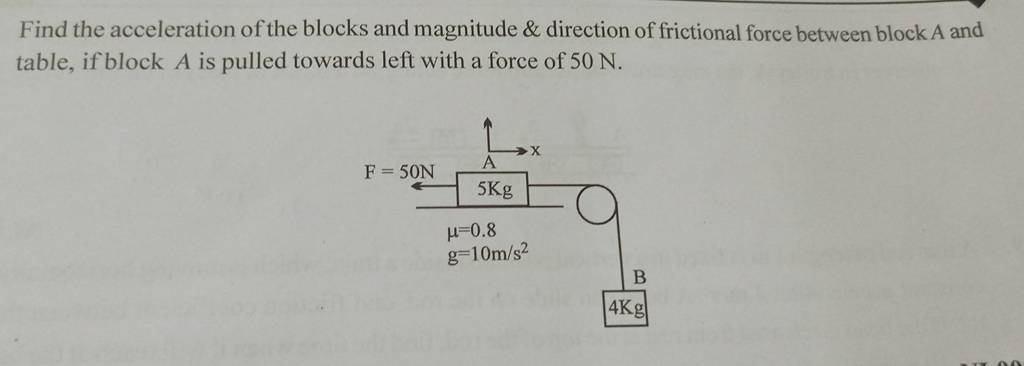 Find the acceleration of the blocks and magnitude \& direction of frictio..