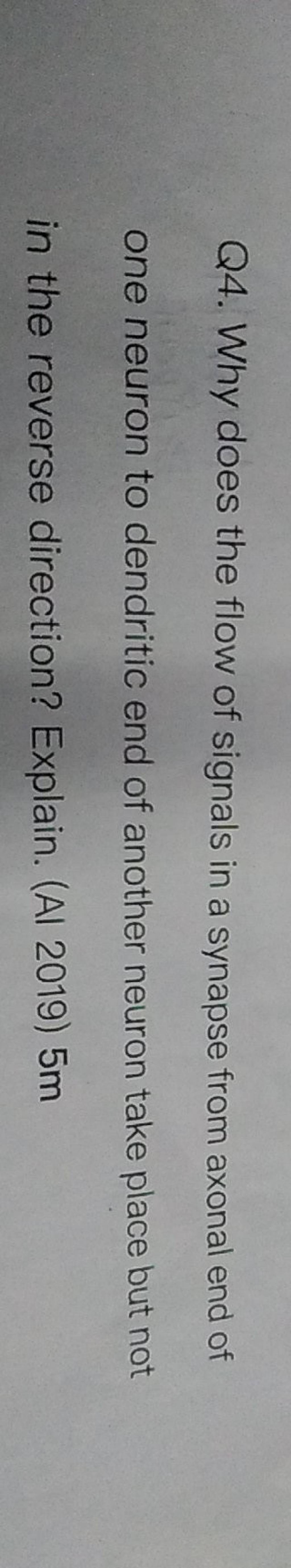 Q4. Why does the flow of signals in a synapse from axonal end of one neur.. Q4. Why does the flow of signals in a synapse from axonal end of one neur..