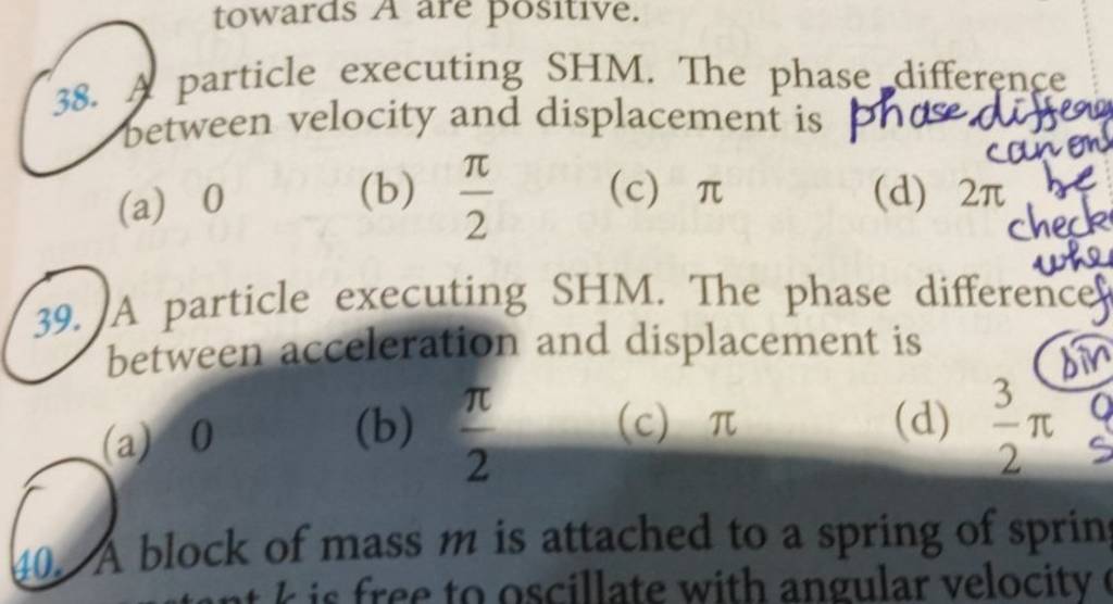 ) particle executing SHM. The phase difference between velocity and displ.. ) particle executing SHM. The phase difference between velocity and displ..