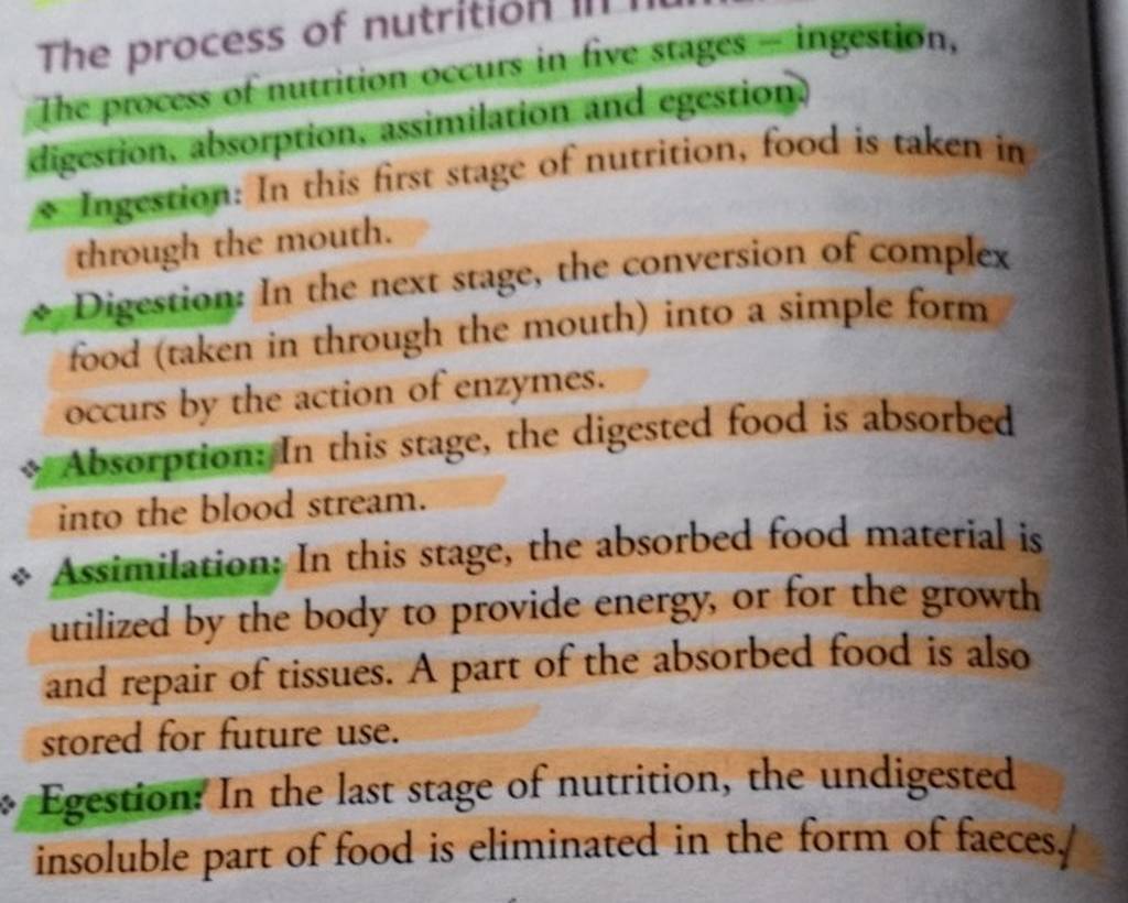 The process of nutrition it five stages - ingestion, The process of nutri..