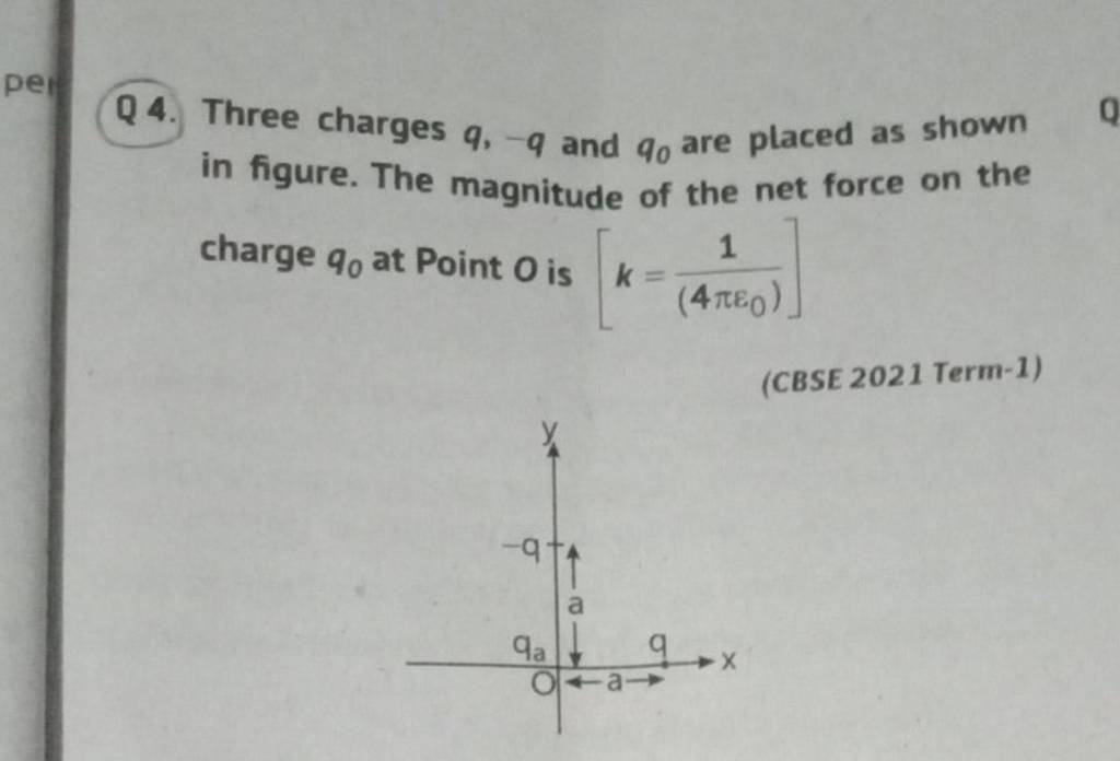Q4. Three charges q,−q and q0 are placed as shown in figure. The magnitu..