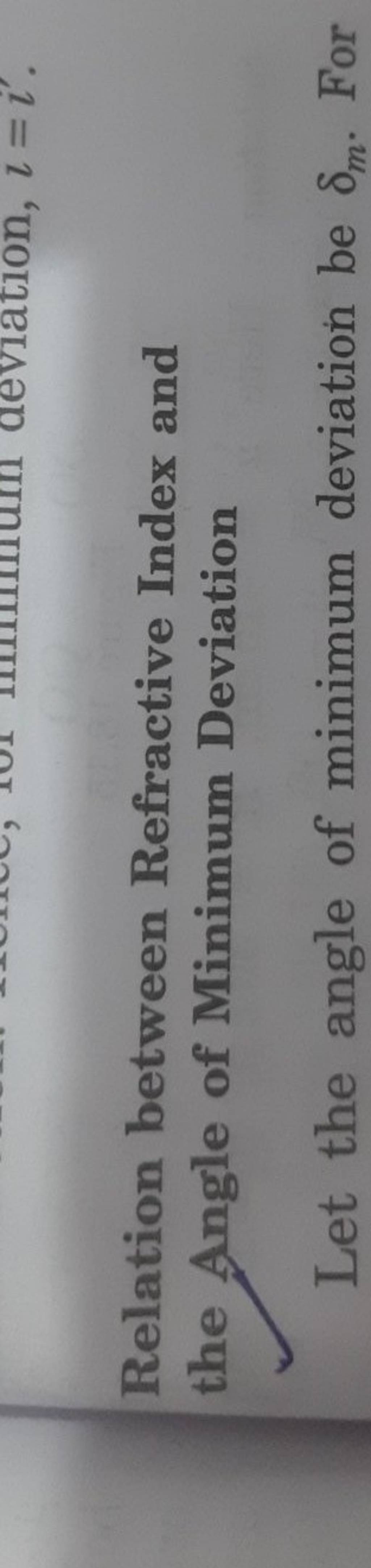 Relation Between Refractive Index And The Angle Of Minimum Deviation Let