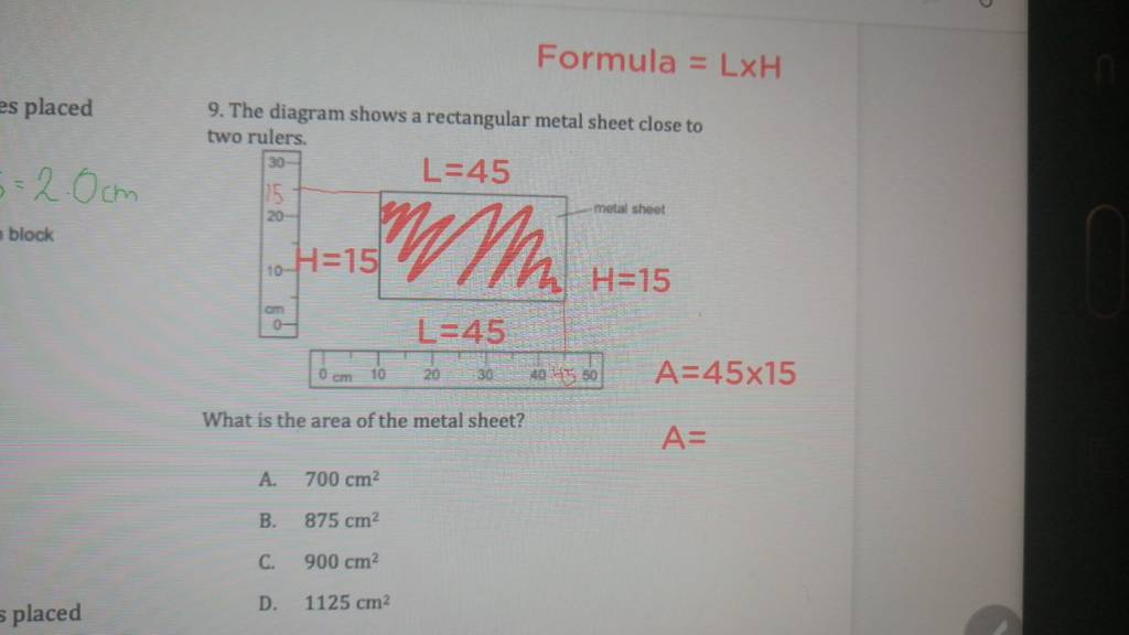 Formula =LxH 9. The diagram shows a rectangular metal sheet close to two
