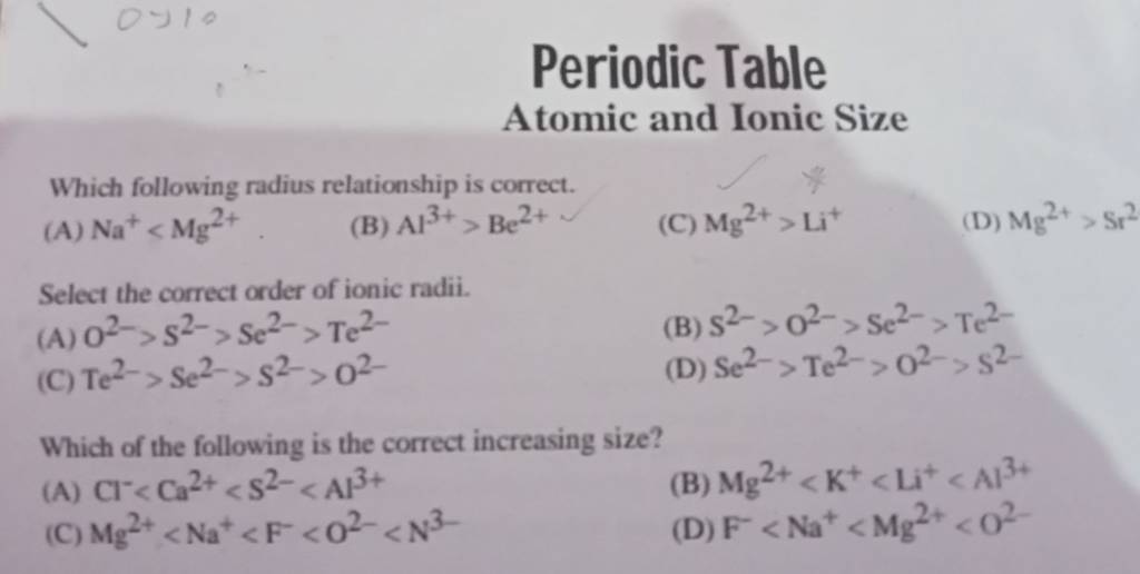 Periodic Table Atomic and Ionic Size Which following radius relationship