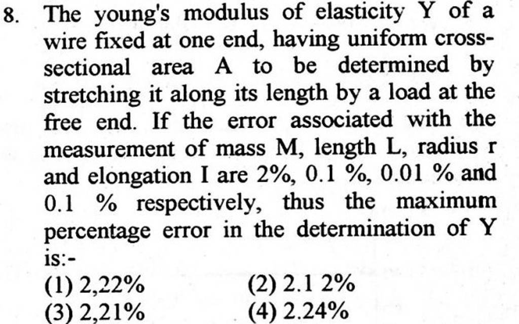 The young's modulus of elasticity Y of a wire fixed at one end, having un..
