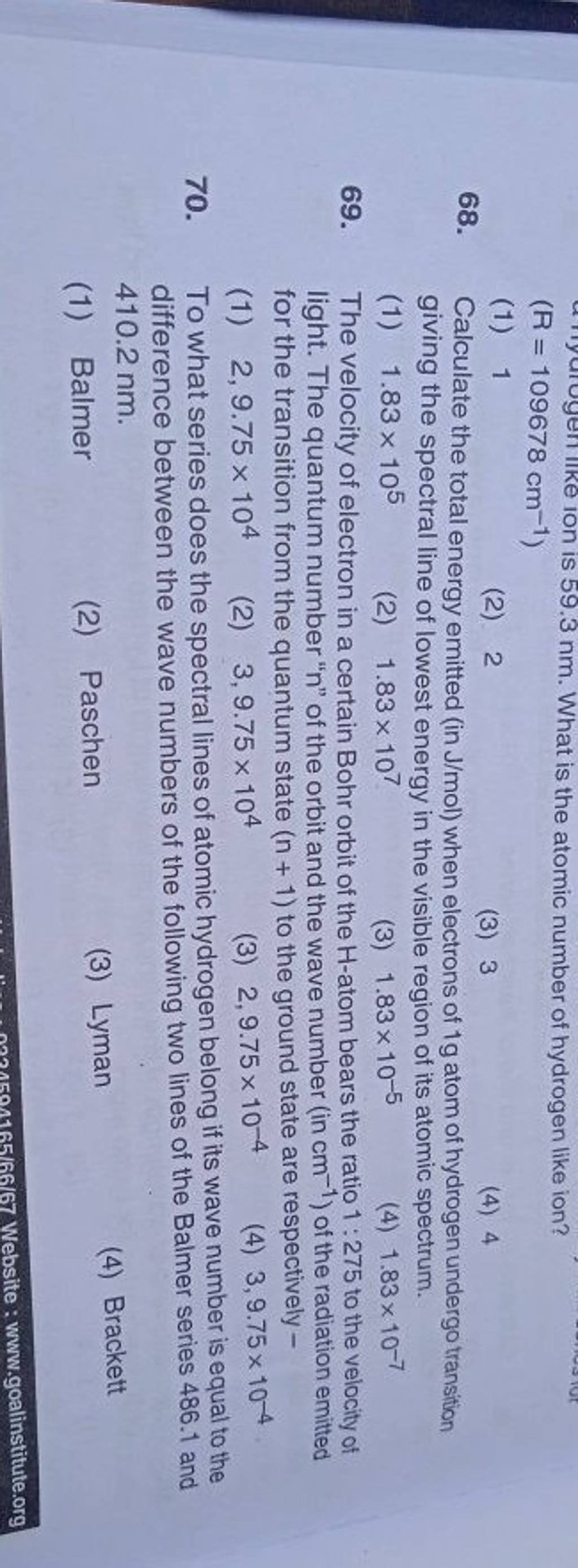 To What Series Does The Spectral Lines Of Atomic Hydrogen Belong If Its W