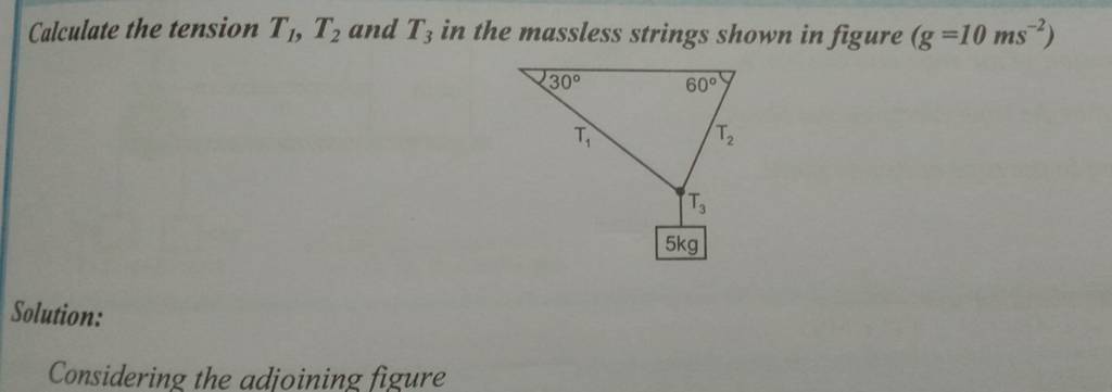 Calculate the tension T1 ,T2 and T3 in the massless strings shown in fi..
