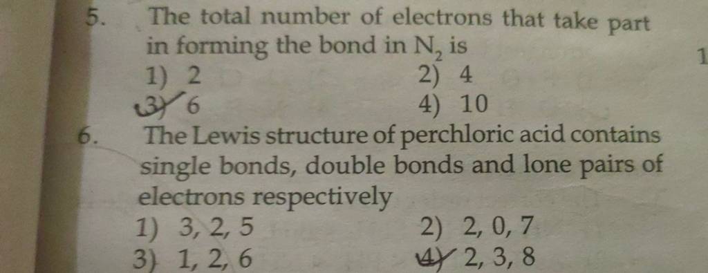 The Lewis structure of perchloric acid contains single bonds, double bond..