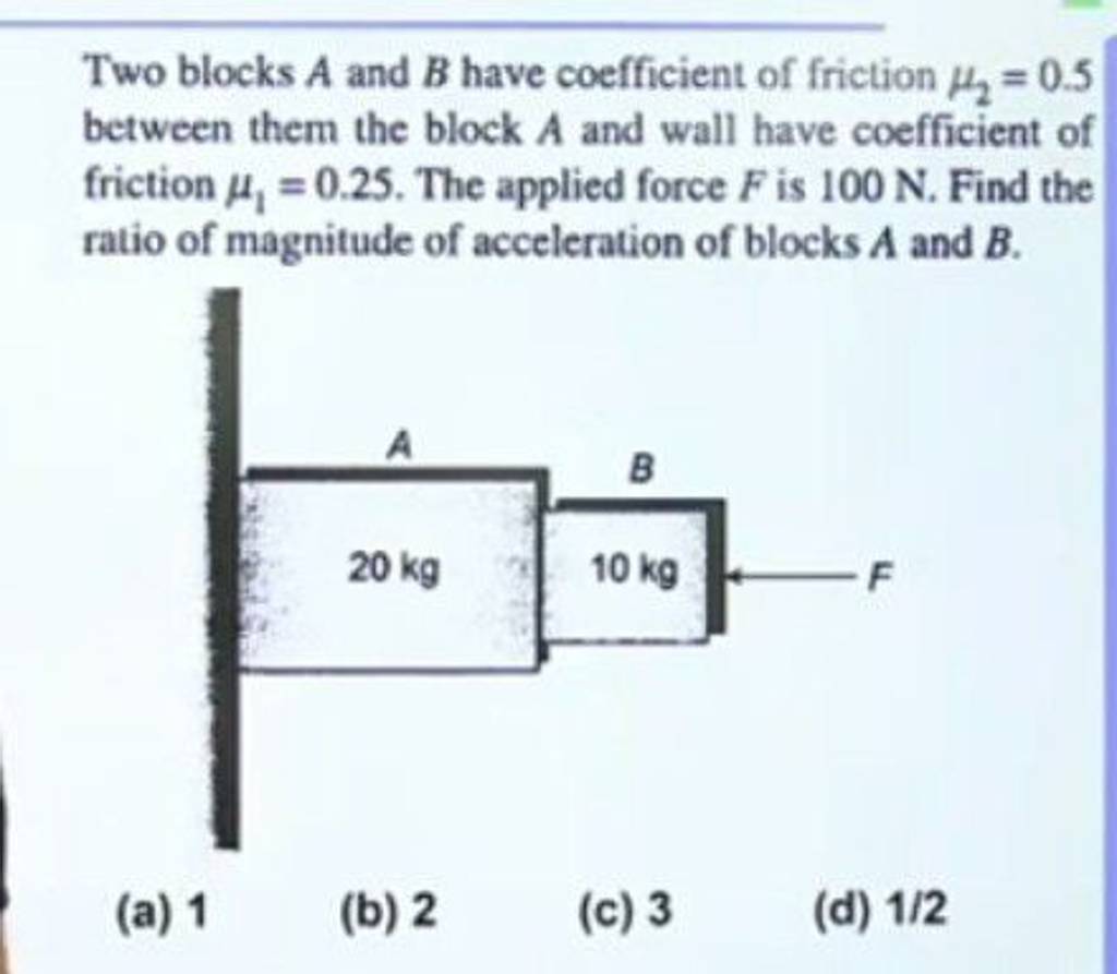 Two blocks A and B have coefficient of friction μ2 =0.5 between them the