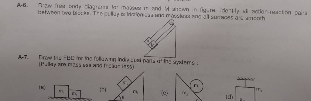 A-6. Draw free body diagrams for masses m and M shown in figure. Identify..