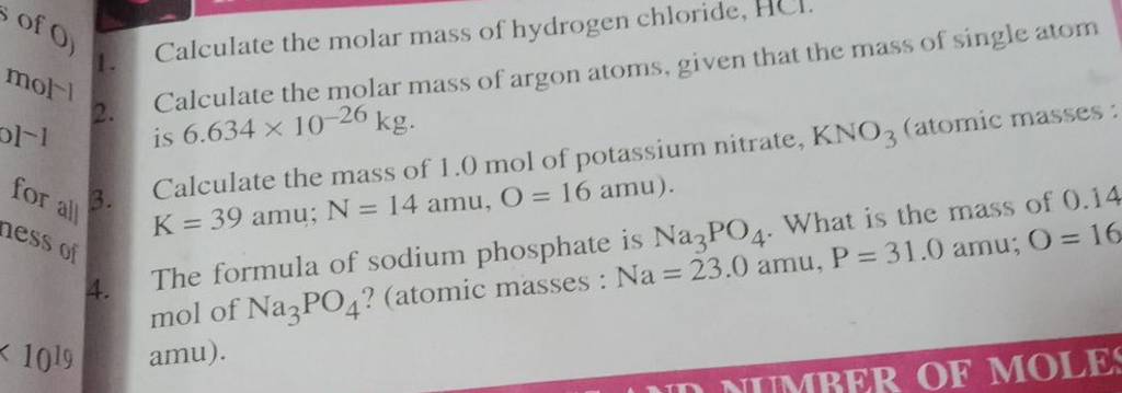 1. Calculate the molar mass of hydrogen chloride, HCl. 2. Calculate the m..