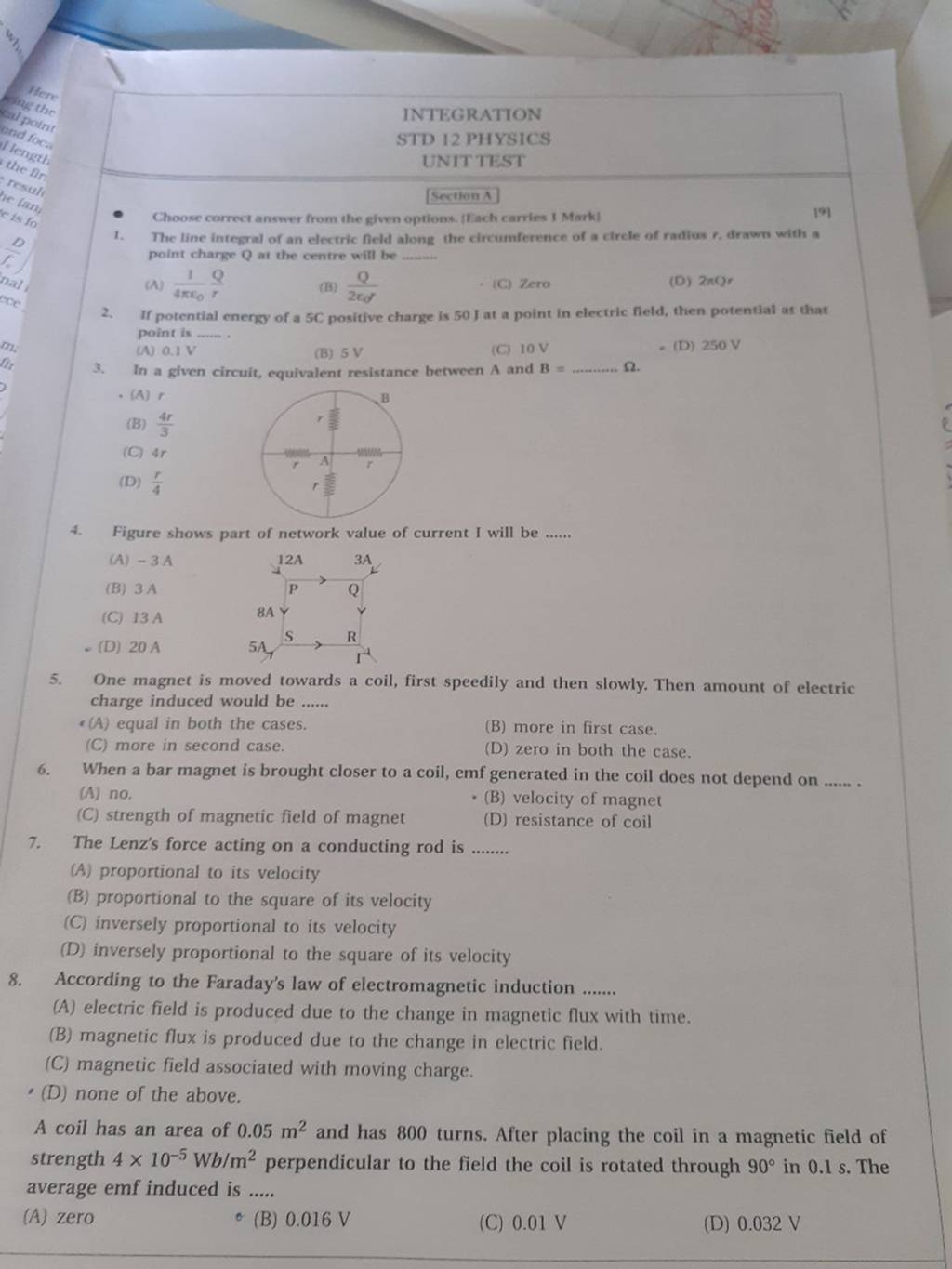 INTEGRATION STD 12 PHYSICS UNIT TEST - Choose correct answer from the giv..