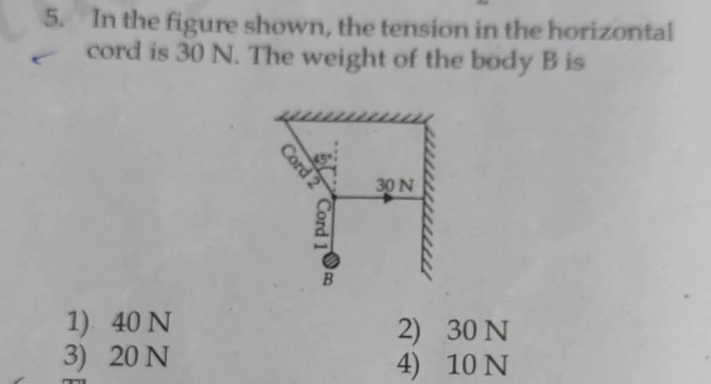5. In the figure shown, the tension in the horizontal cord is 30 N. The w..